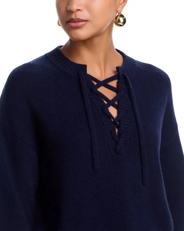 Aqua Cashmere Drop Shoulder Lace Up Sweater Exclusive - Peacoat