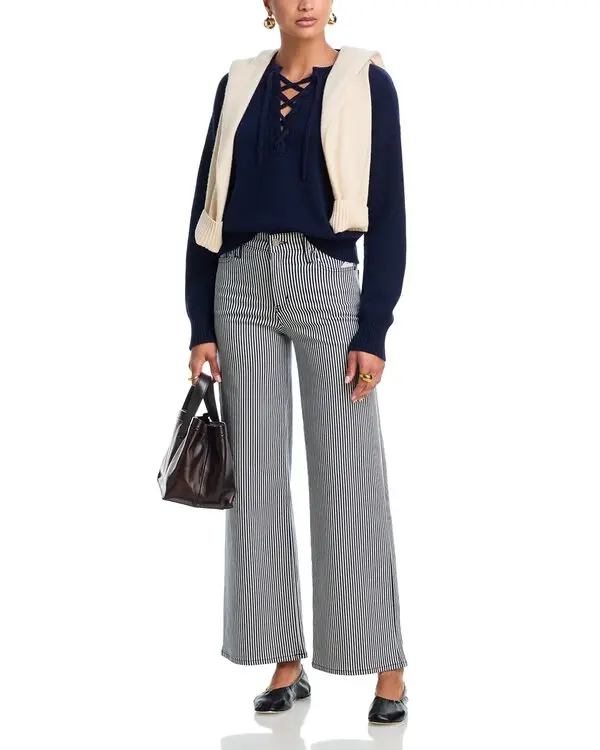 Aqua Cashmere Drop Shoulder Lace Up Sweater - Peacoat