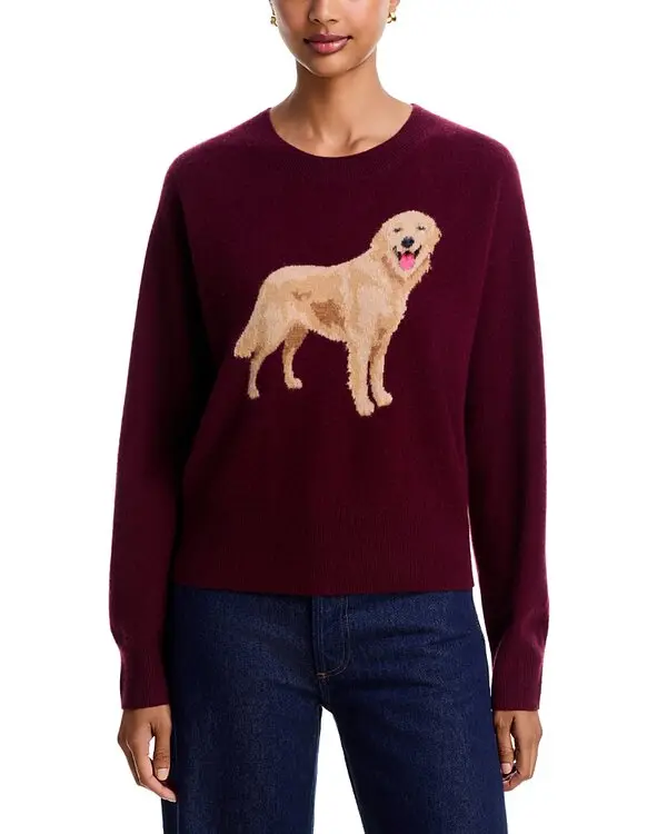 Aqua 100% Cashmere Golden Retriever Crewneck Sweater - Black Cherry