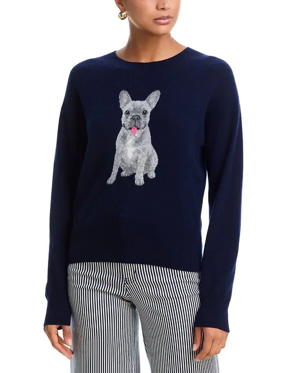 Aqua 100% Cashmere Crewneck Sweater With French Bulldog Graphic