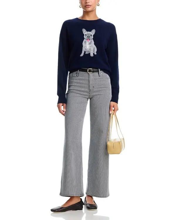 Aqua 100% Cashmere Crewneck Sweater With French Bulldog Graphic