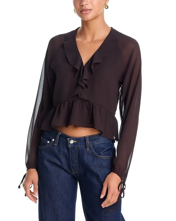 Aqua V Neck Long Sleeve Blouse Exclusive - Espresso
