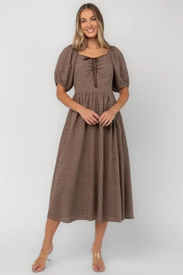IN FEBRUARY Teddy Gingham Midi Dress