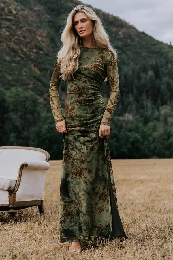 COCOLOVE Celine Maxi Dress With Floral Print And Sheer Sleeves - Green + Rust