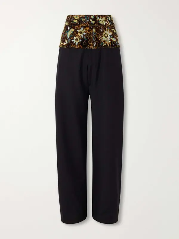 Dries Van Noten Wide-leg Embellished Velvet-trimmed Wool And Cotton-blend Gabardine Trousers - Black