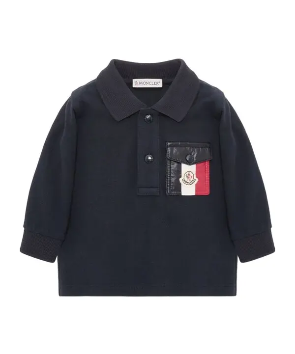 Moncler Tricolor Long Sleeve Cotton Piquet Polo Shirt - Dark Blue