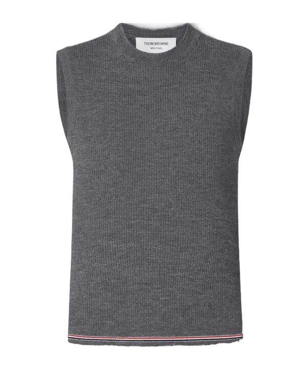 Thom Browne Sleeveless Ribbed Crewneck Top With Rwb Tipping - Medium Gray