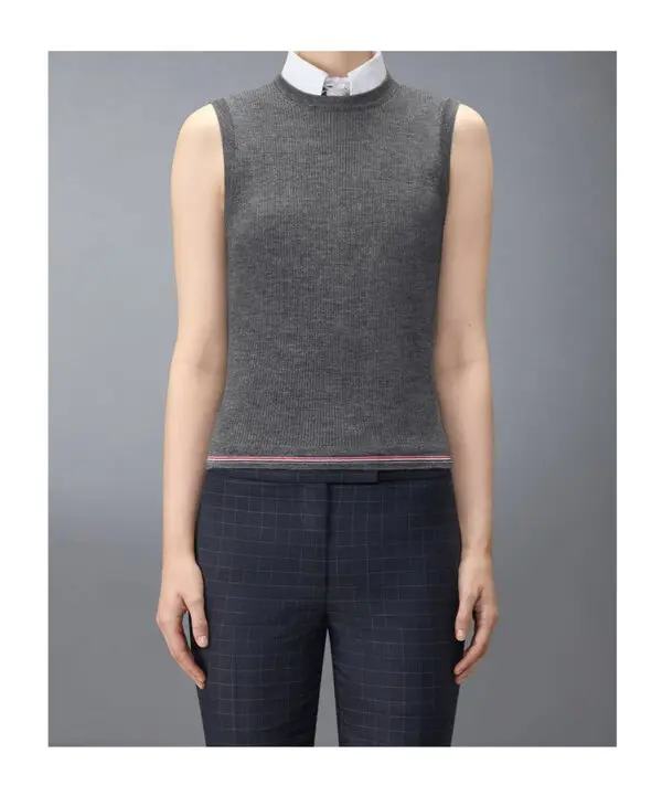 Thom Browne Sleeveless Ribbed Crewneck Top With Rwb Tipping - Medium Gray