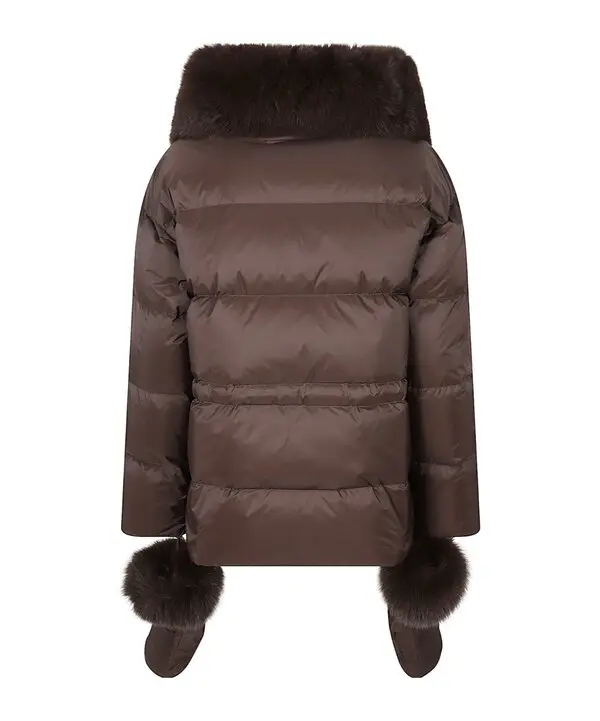 YVES SALOMON Long-sleeved Down Jacket With Fox Fur Collar - Brown