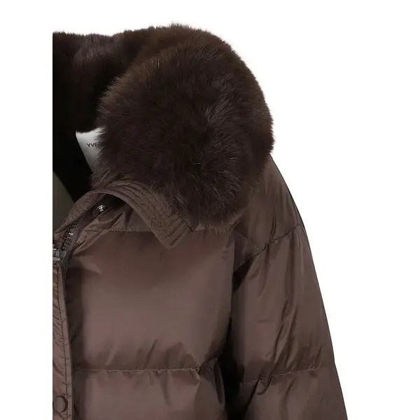 YVES SALOMON Long-sleeved Down Jacket With Fox Fur Collar - Brown