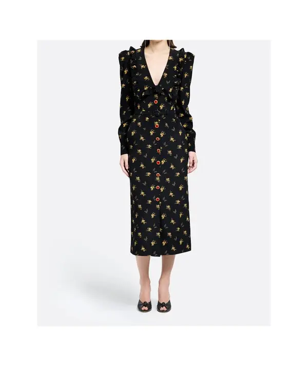 Alessandra Rich Floral-print Silk Midi Dress - Black/yellow