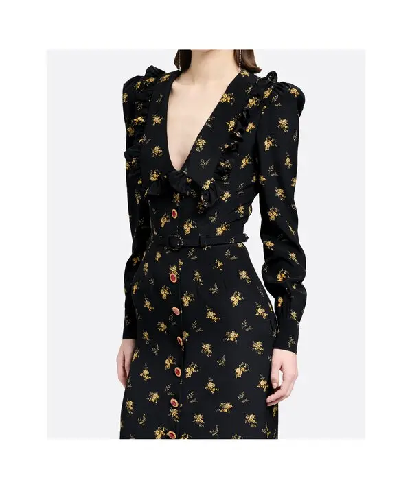Alessandra Rich Floral-print Silk Midi Dress - Black/yellow