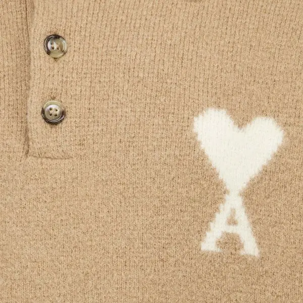 AMI Paris De Coeur Knitted Polo Shirt - Brown