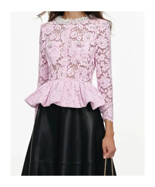 SELF-PORTRAIT Lace Peplum Top - Pink