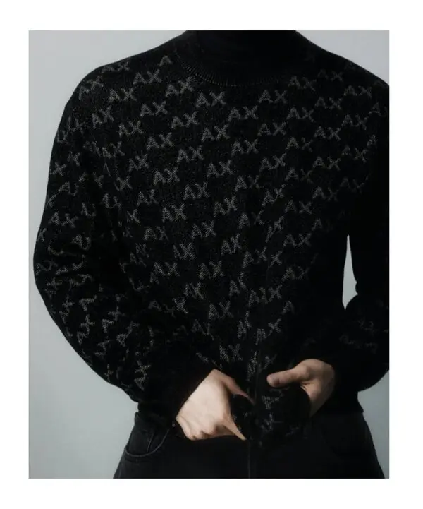 Armani Exchange Long-sleeve Crew-neck Casual Knit Sweater With Allover Jacquard Pattern