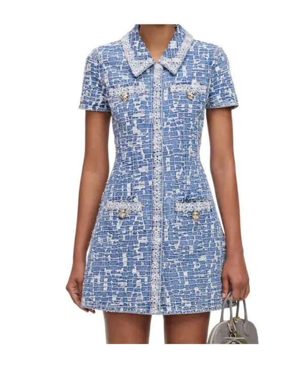 SELF-PORTRAIT Sequin-embellished Collared Denim Mini Dress
