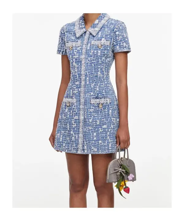 SELF-PORTRAIT Sequin-embellished Collared Denim Mini Dress