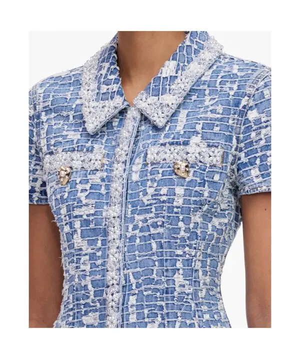 SELF-PORTRAIT Sequin-embellished Collared Denim Mini Dress