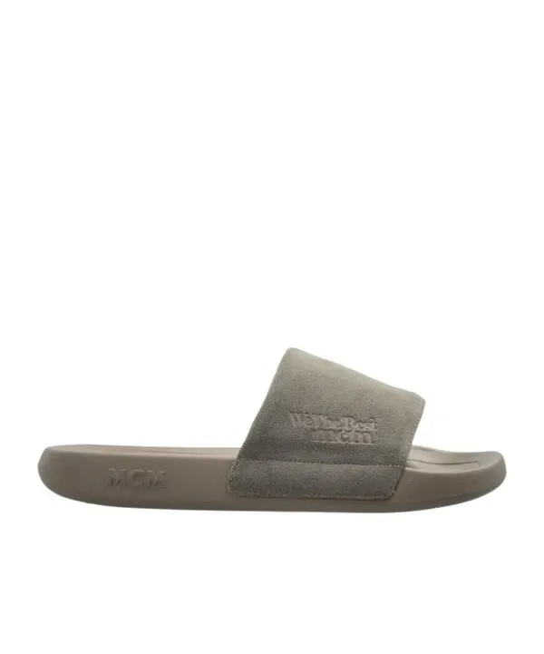 Mcm Ultrasuede Slides With Embossed Logos - Beige