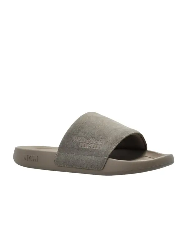 Mcm Ultrasuede Slides With Embossed Logos - Beige