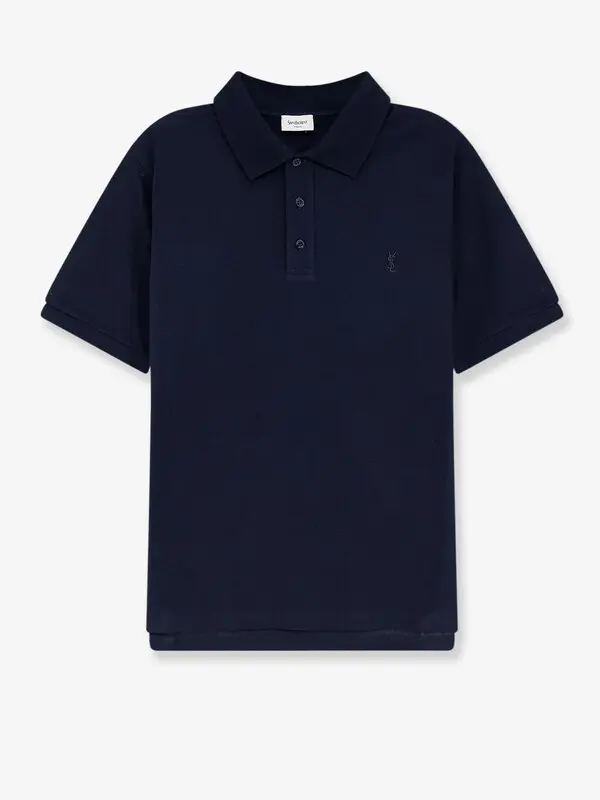 Saint Laurent Piqué Cotton Polo Shirt With Cassandre Embroidery - Blue