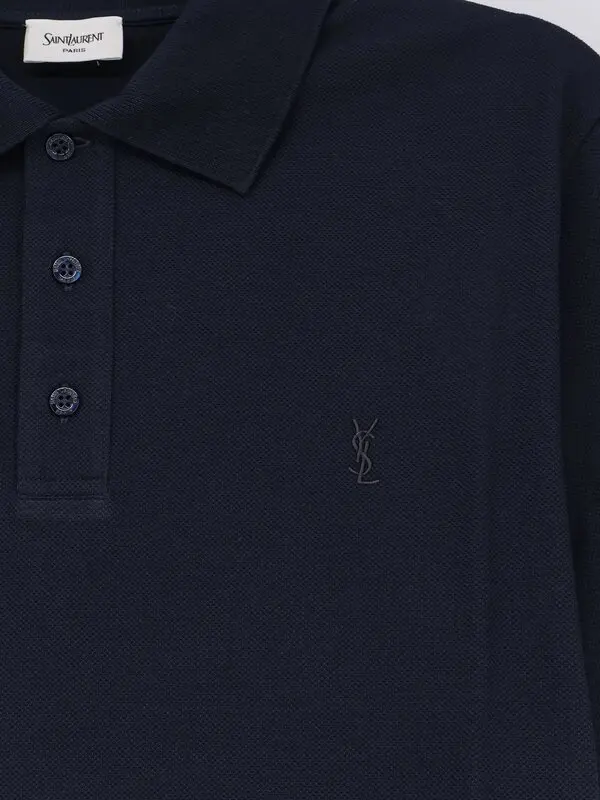 Saint Laurent Piqué Cotton Polo Shirt With Cassandre Embroidery - Blue
