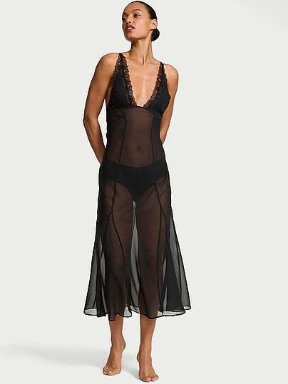 Victoria's Secret Very Sexy Chiffon Plunge Maxi Slip Dress - Black
