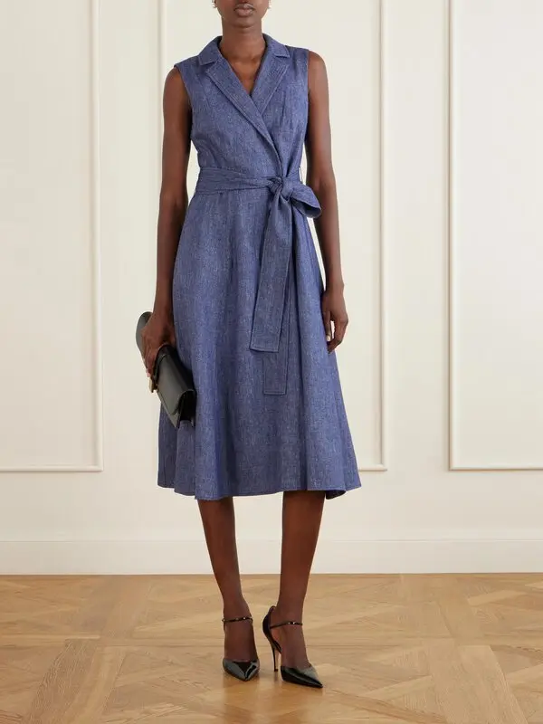 Carolina Herrera Belted Linen, Wool, Cashmere And Silk-blend Midi Dress - Blue