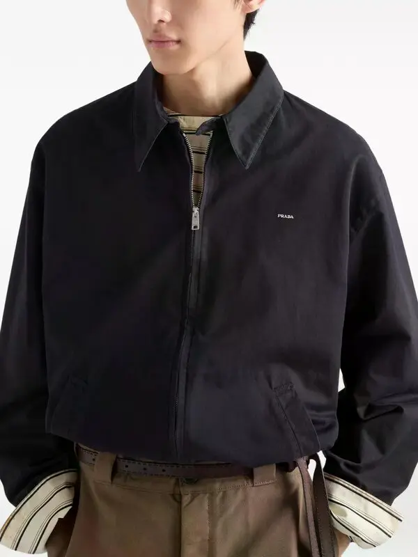 Prada Cotton Zip-up Jacket With Embroidered Logo - Black