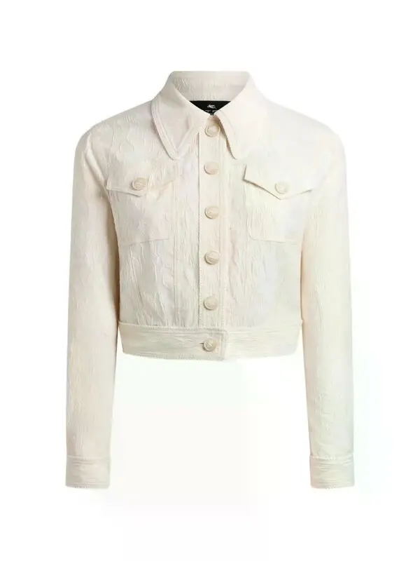 Etro Cropped Jacket In Stretch Cotton-blend Jacquard With Rebrodé Lace