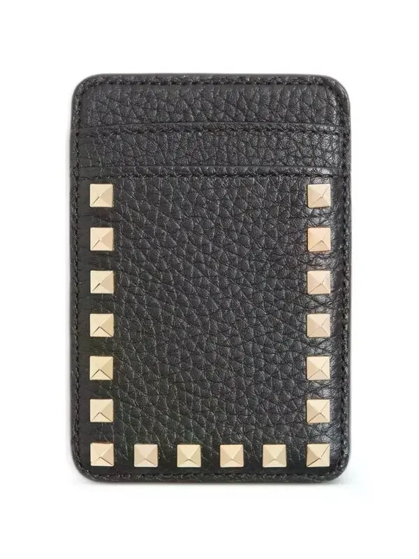 Valentino Garavani Rockstud Magnetic Cardholder In Grainy Calfskin - Black