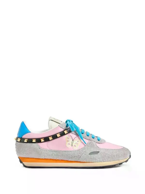 Valentino Garavani Stud Up Sneakers In Split Leather And Nylon With Butterfly Embroidery - Pink