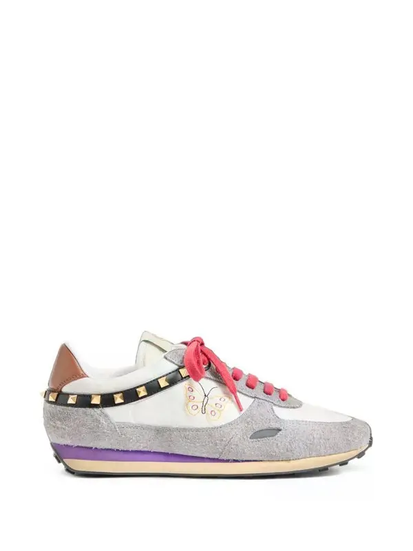 Valentino Garavani Split Leather And Nylon Sneakers With Butterfly Embroidery - White