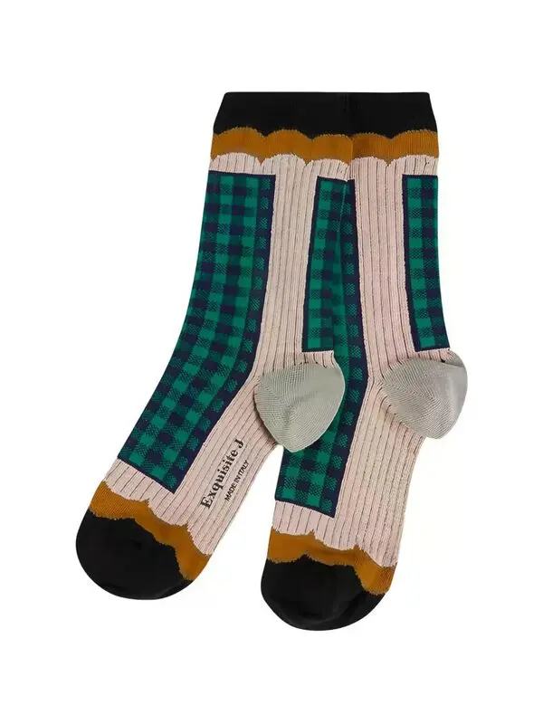 EXQUISITE J Check-pattern Ribbed Socks
