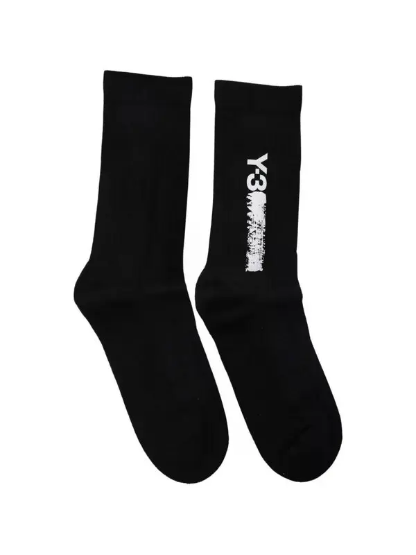 Y3 Ribbed Knit Logo Print Calf Length Socks - Black