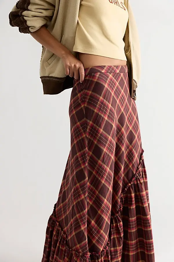 Free People Emberwood Flannel Maxi Skirt - Brown Combo