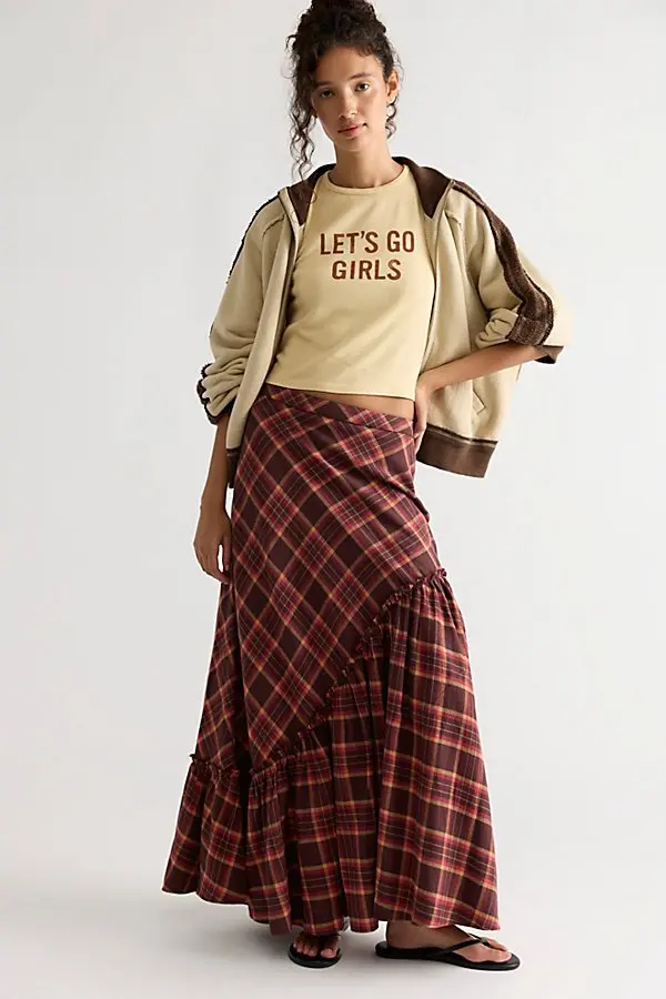 Free People Emberwood Flannel Maxi Skirt - Brown Combo