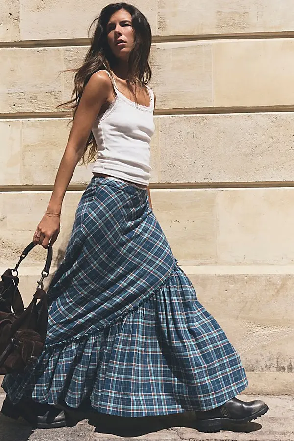Free People Emberwood Flannel Maxi Skirt - Navy Combo