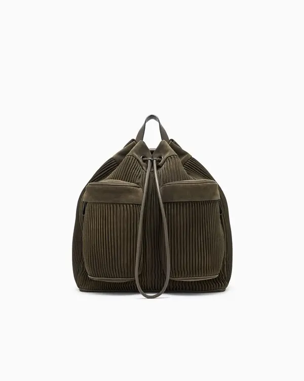 Giorgio Armani Pleated Suede Leather Backpack With Pockets And Drawstring