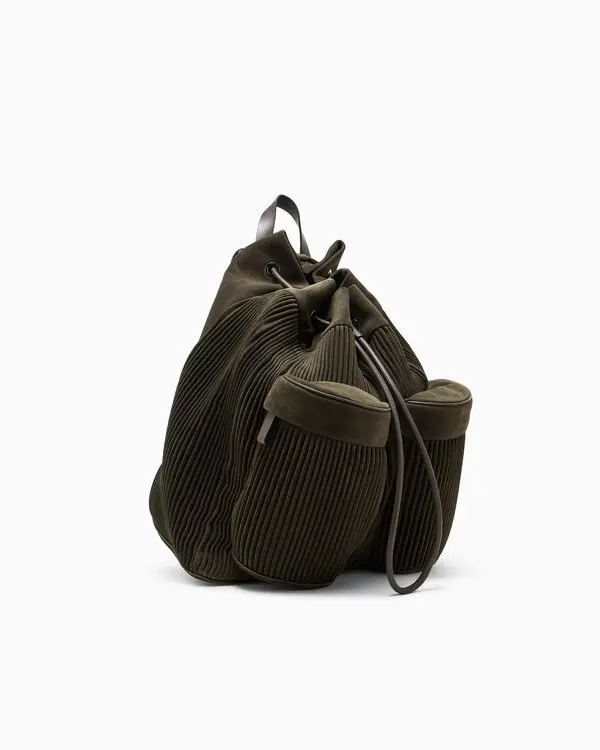 Giorgio Armani Pleated Suede Leather Backpack With Pockets And Drawstring