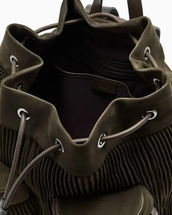 Giorgio Armani Pleated Suede Leather Backpack With Pockets And Drawstring