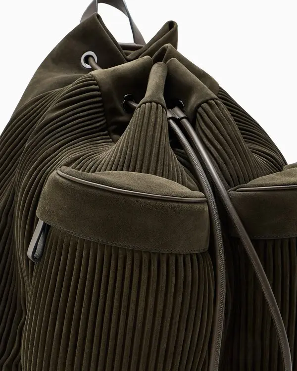 Giorgio Armani Pleated Suede Leather Backpack With Pockets And Drawstring