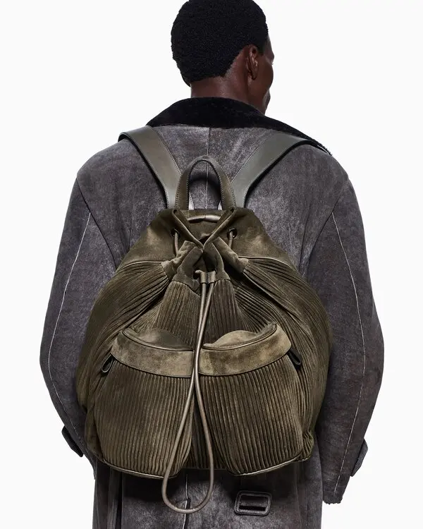 Giorgio Armani Pleated Suede Leather Backpack With Pockets And Drawstring