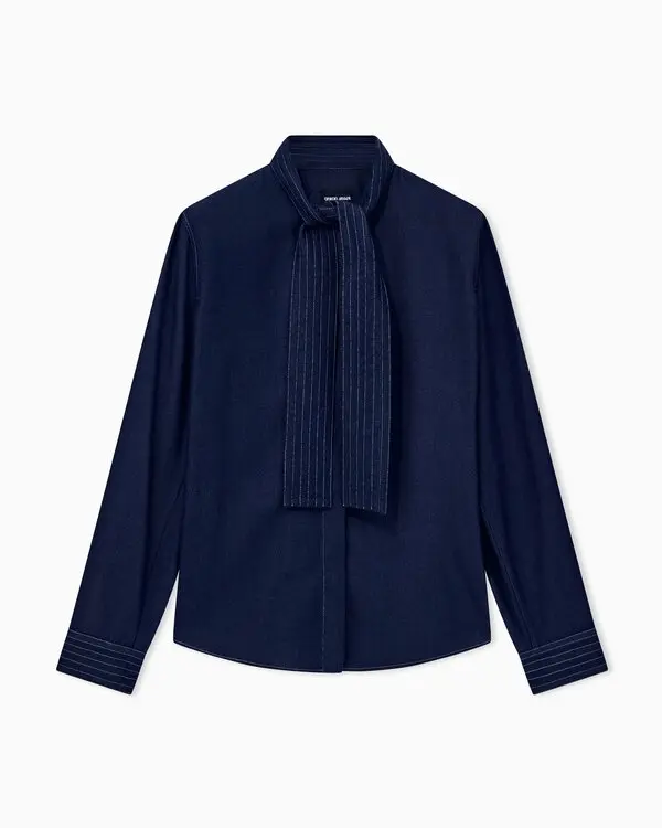 Giorgio Armani Shirt In Denim Effect Lyocell With Neck Scarf - Blue
