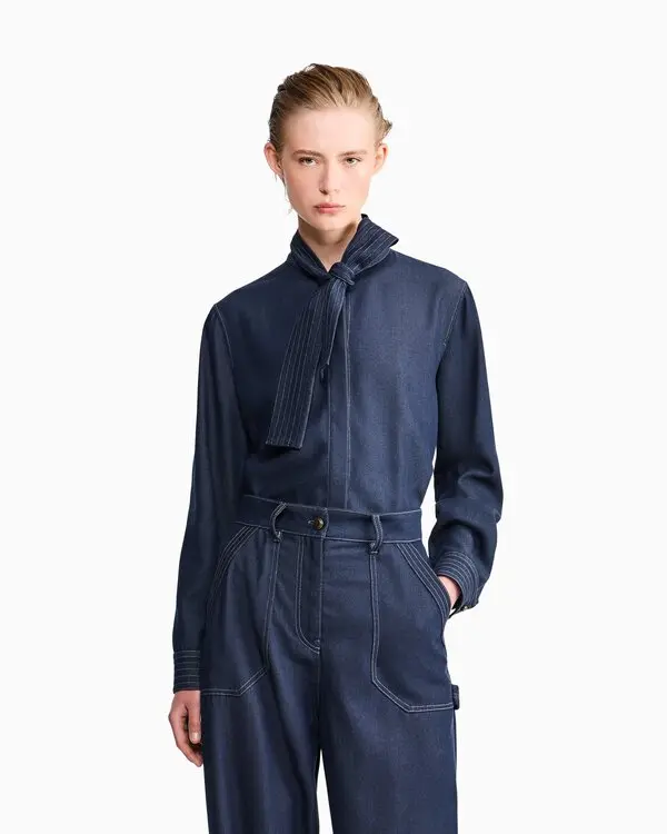 Giorgio Armani Shirt In Denim Effect Lyocell With Neck Scarf