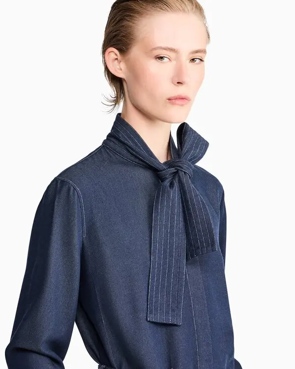 Giorgio Armani Shirt In Denim Effect Lyocell With Neck Scarf