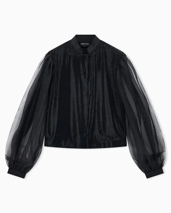 Giorgio Armani Satin Shirt With Silk Organza Sleeves And Front Rhinestones - Patterned