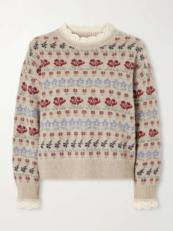 Sea Preston Floral Intarsia Wool-blend Sweater With Crochet Trim