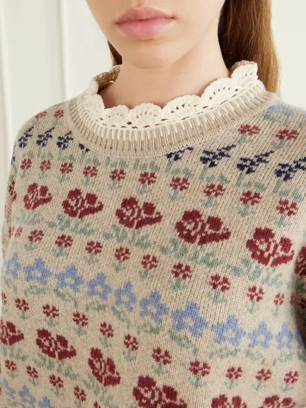 Sea Preston Floral Intarsia Wool-blend Sweater With Crochet Trim