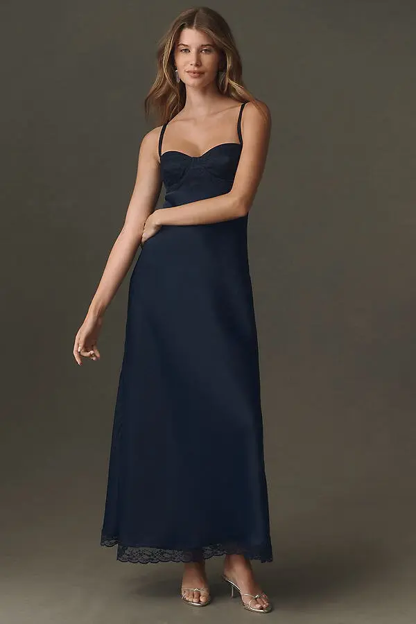 Bhldn Sat Corset Slip Dress - Midnight Navy